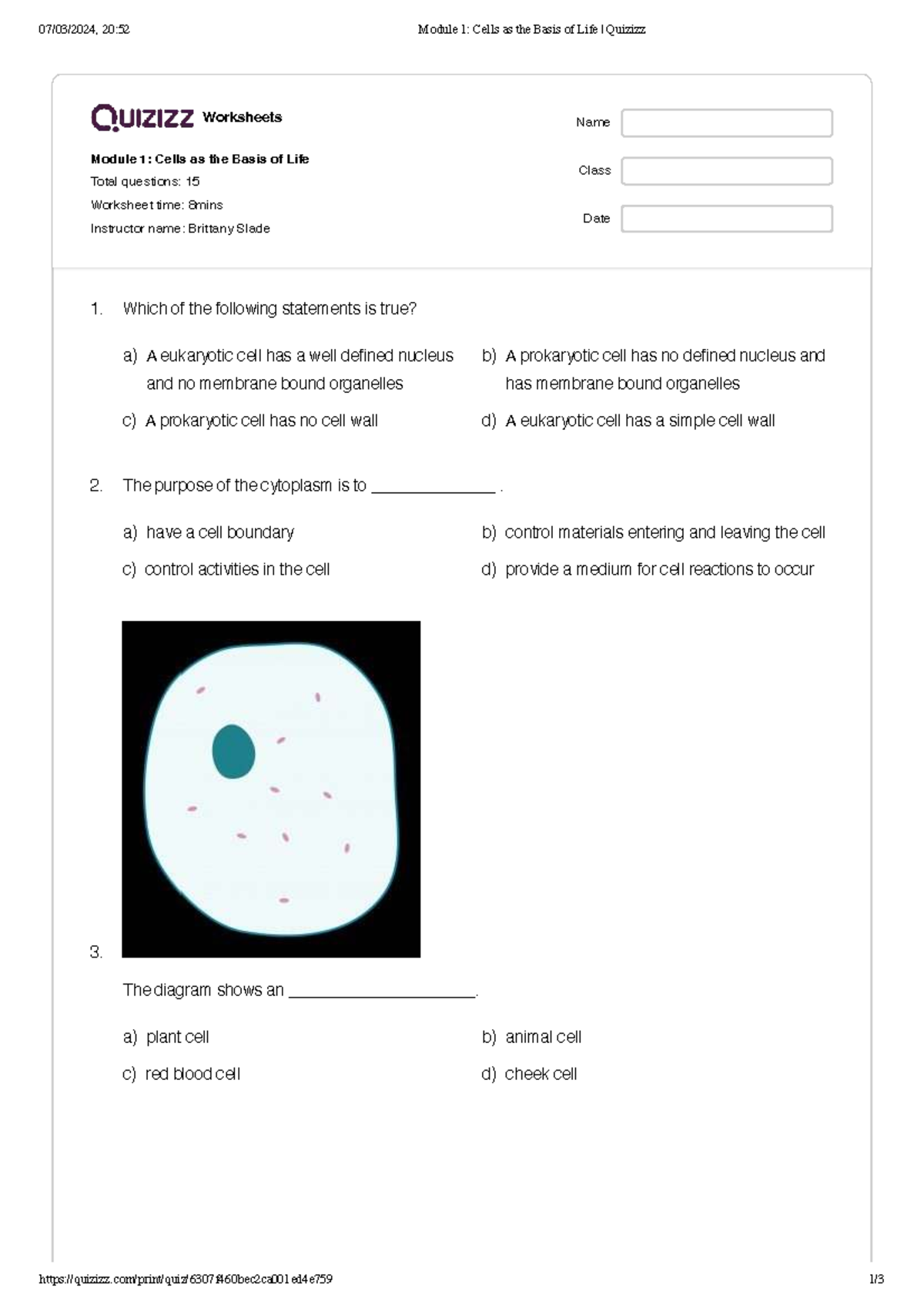 BIO 20:52 Module 1: Cells as the Basis of Life Quizizz Worksheets - Studocu
