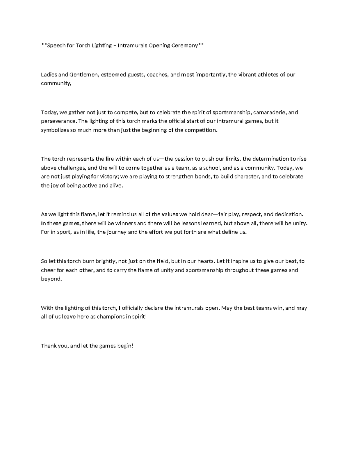 Intramurals Opening Ceremony Speech - Torch Lighting Script Guide - Studocu