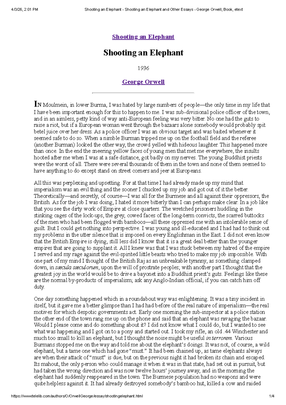 Shooting an Elephant: Analysis of George Orwell's Essay - Studocu