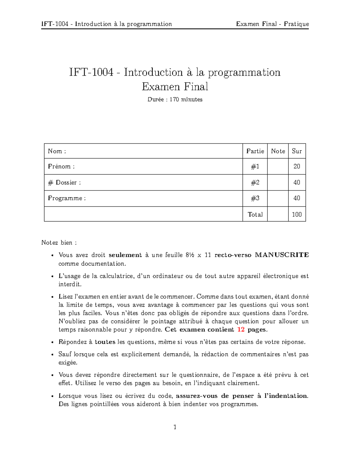 IFT-1004 Examen Final de Programmation - Instructions et Questions ...