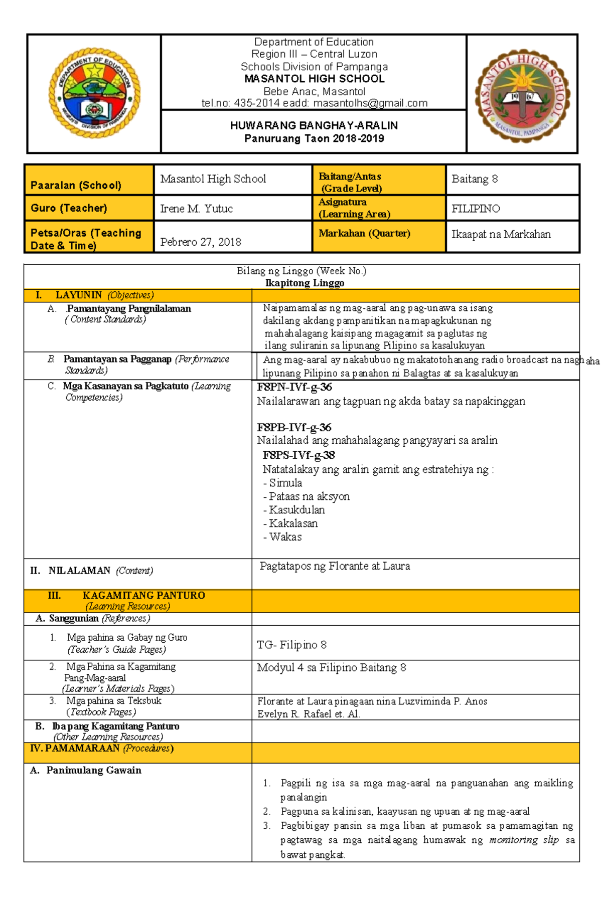 4th cot dll filipino 8 - fvff - Department of Education Region III ...