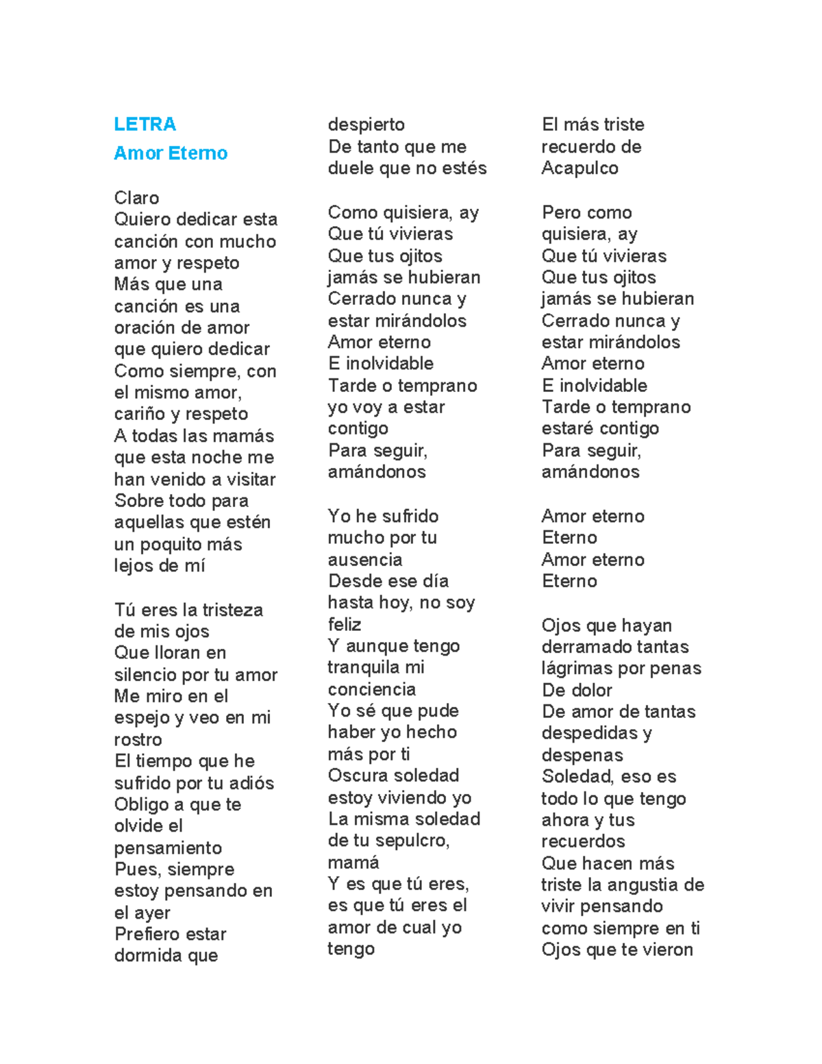 Letra de canciones - musica - LETRA Amor Eterno Claro Quiero dedicar ...