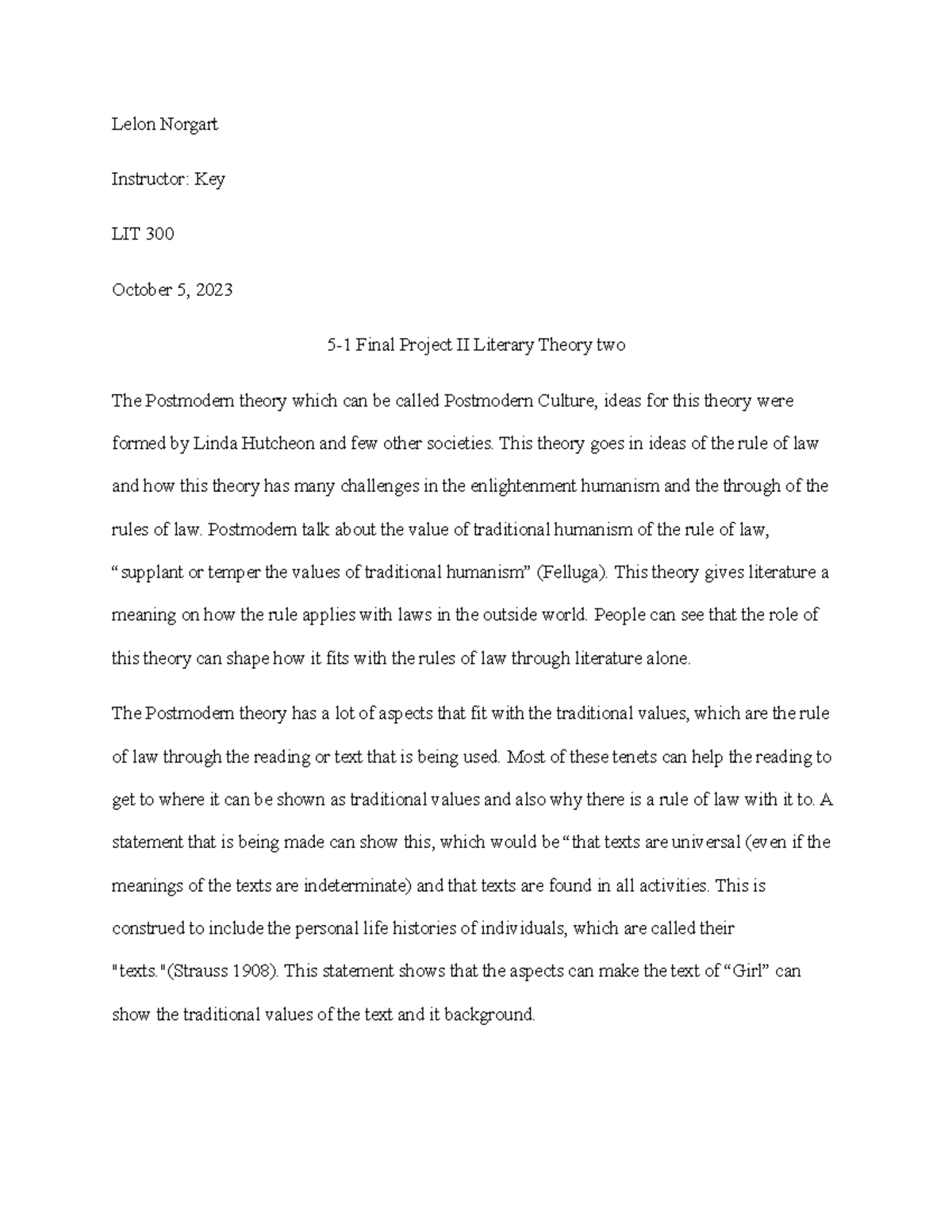LIT 300 5-1 Final Project II: Insights on Postmodern Literary Theory ...
