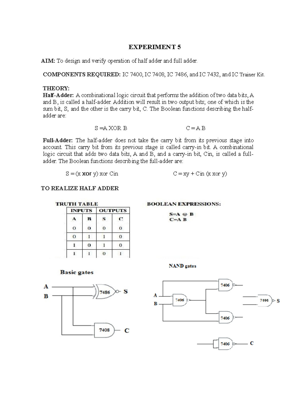 Experiment 5 - Designing & Verifying Half & Full Adders - Studocu