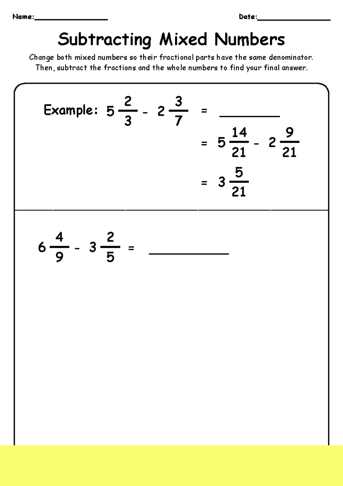 Subtracting Mixed Numbers - 5th Grade Worksheet - Name: Date: 2 3 5 2 3 ...