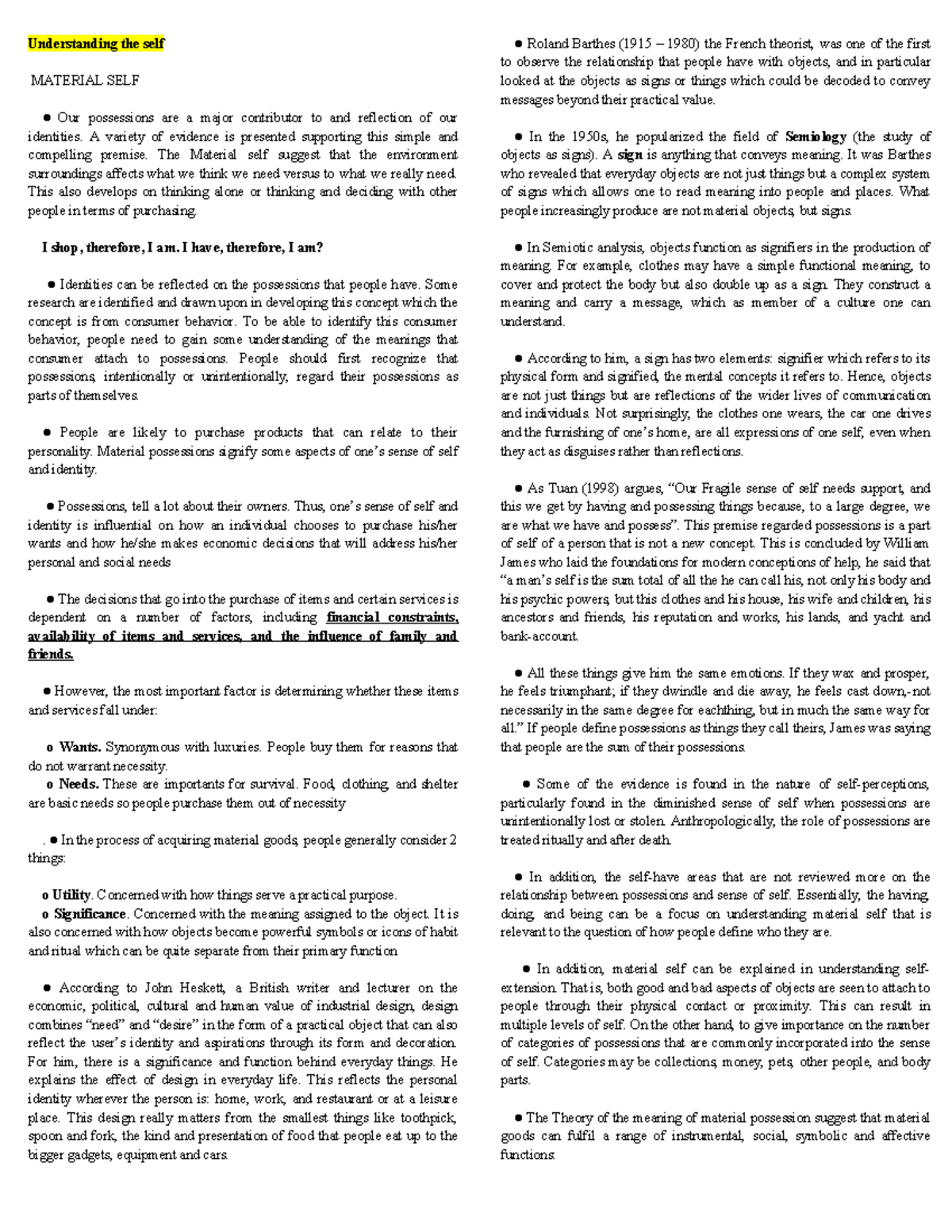 GED 101 - UTS Reviewer - Understanding the self MATERIAL SELF Our possessions are a major - Studocu