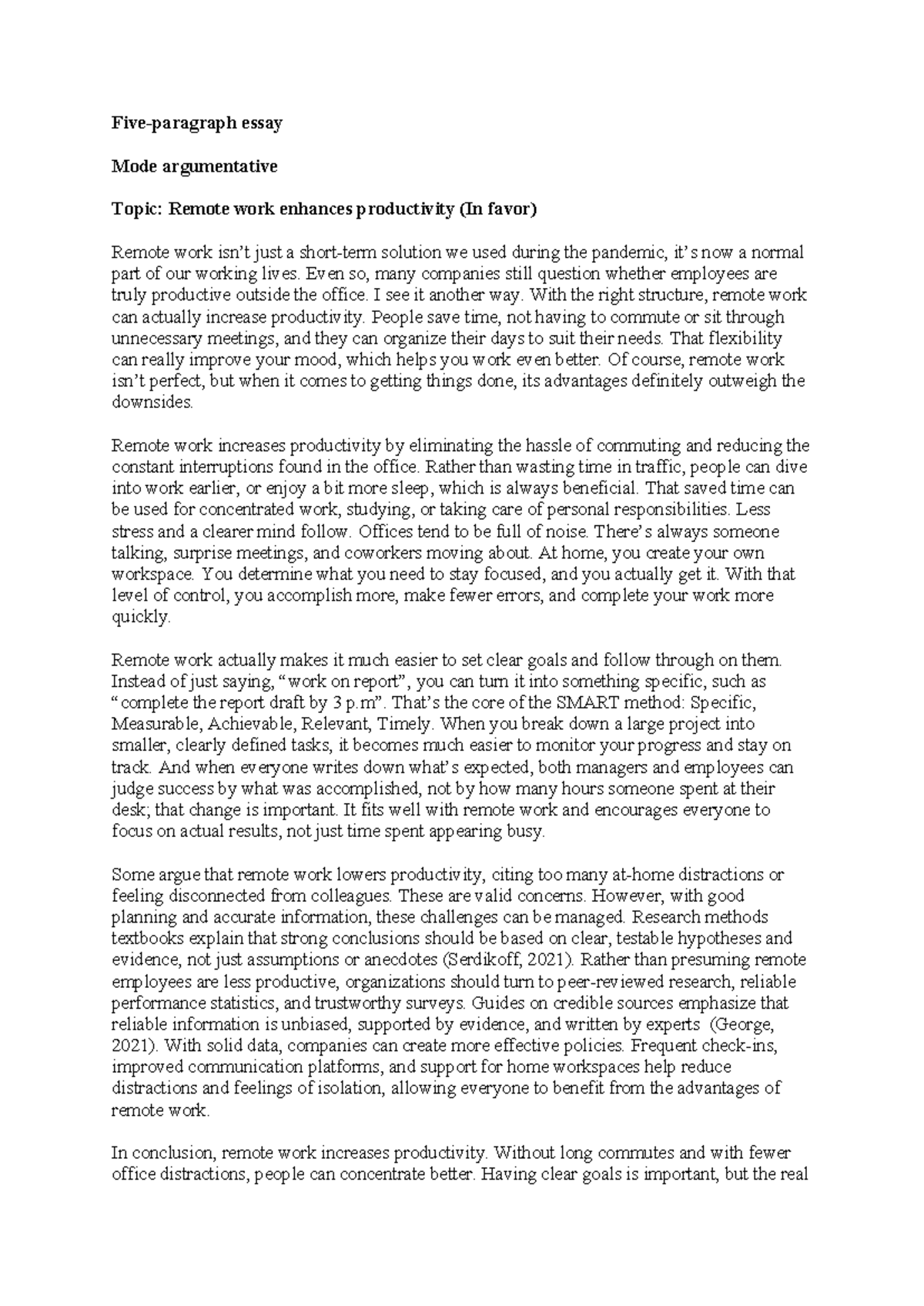 ENGL 1102 Essay: The Productivity Benefits of Remote Work - Studocu