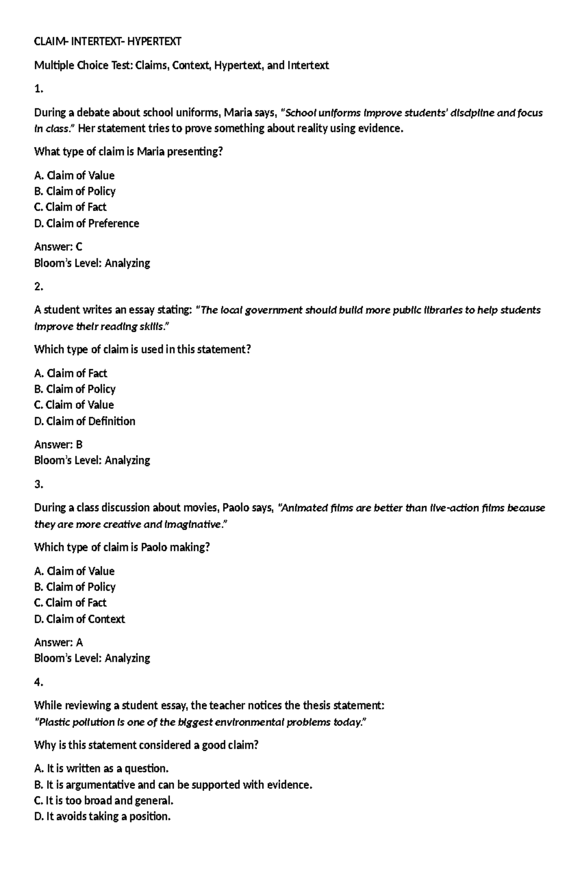 HYPERTEXT Multiple Choice Test: Claims, Context, and Hypertext Analysis ...