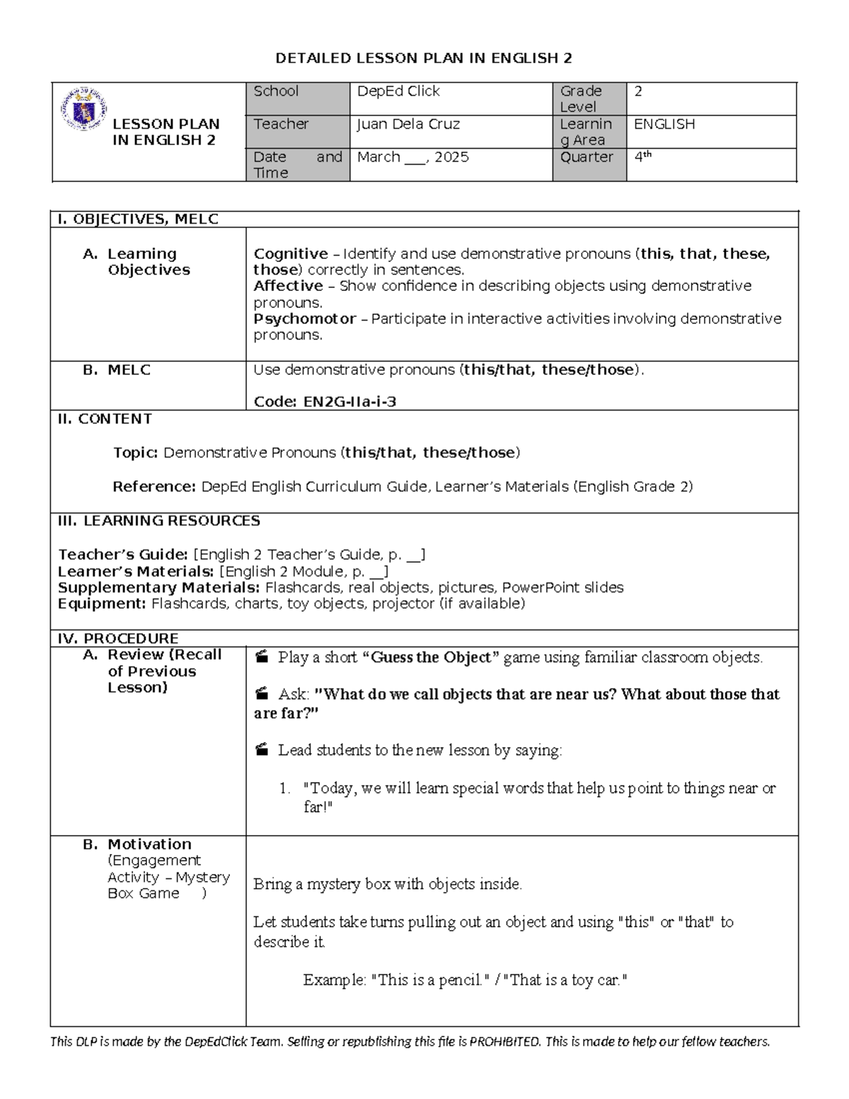 CO Q4 DLP English 2 Dep Ed Click - DETAILED LESSON PLAN IN ENGLISH 2 ...
