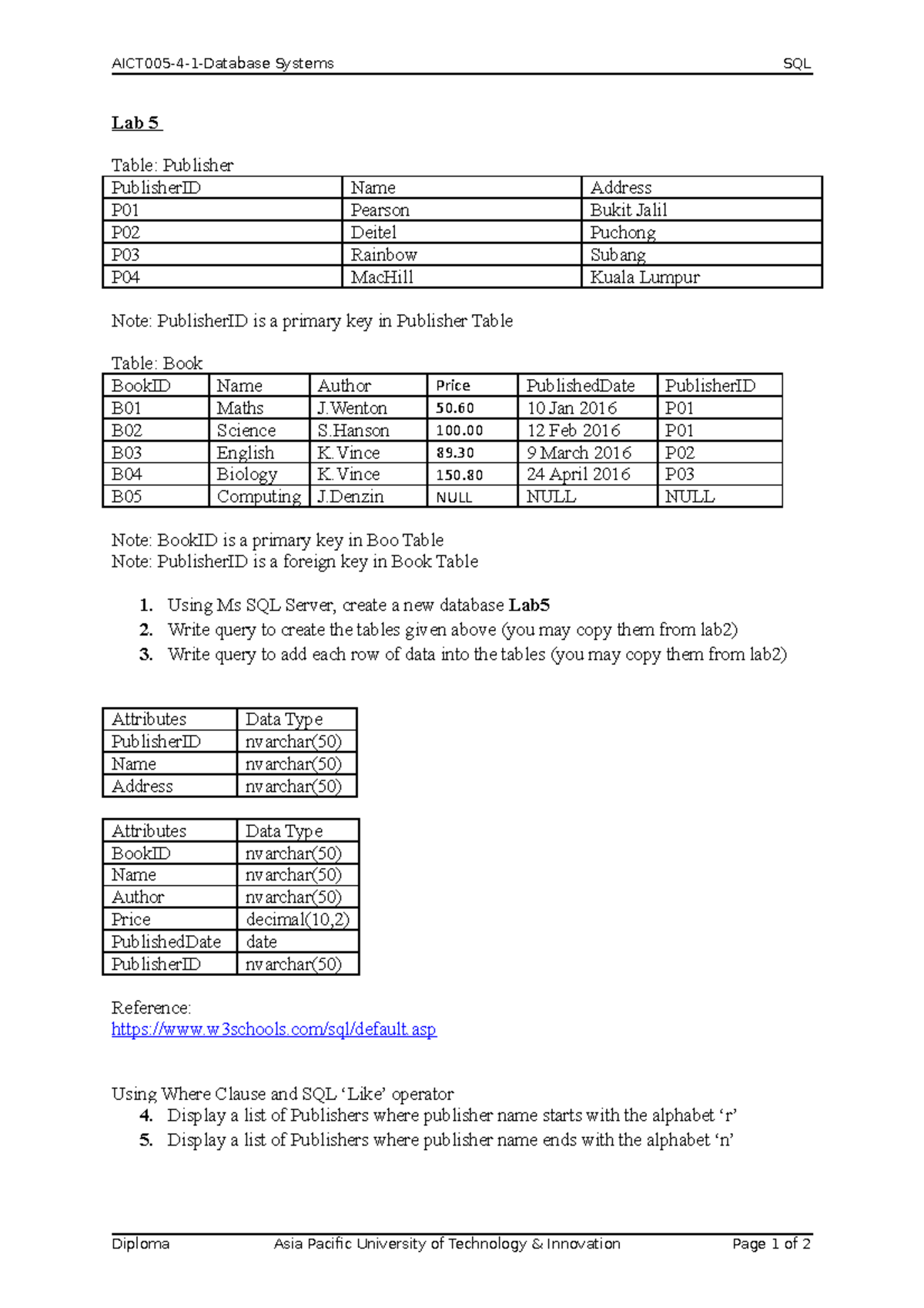 Lab 5 - Sir JUSTIN - AICT005-4-1-Database Systems SQL Lab 5 Table ...