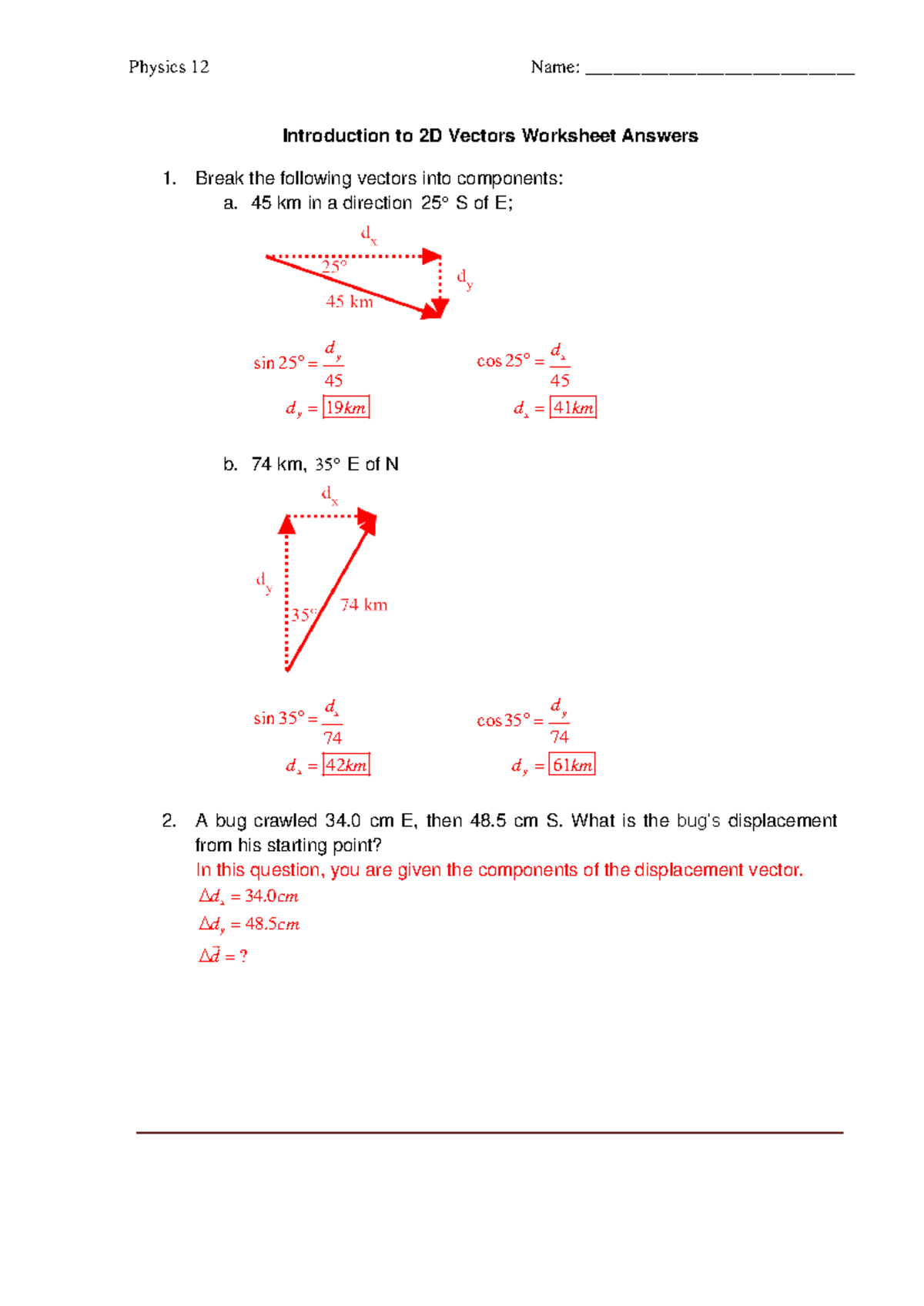 Vectors 2D Answers - practice - Physics 12 Name ...