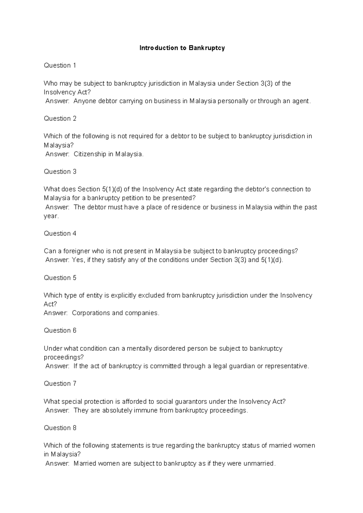 Introduction to Bankruptcy Notes: Key Questions & Answers - Studocu
