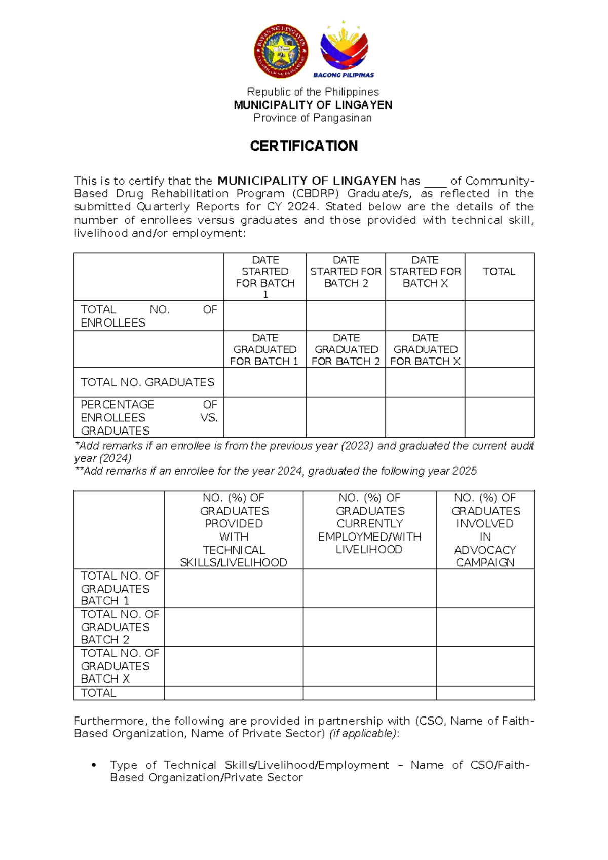 Certification of CBDRP Enrollees vs. Graduates - Annex F - Studocu