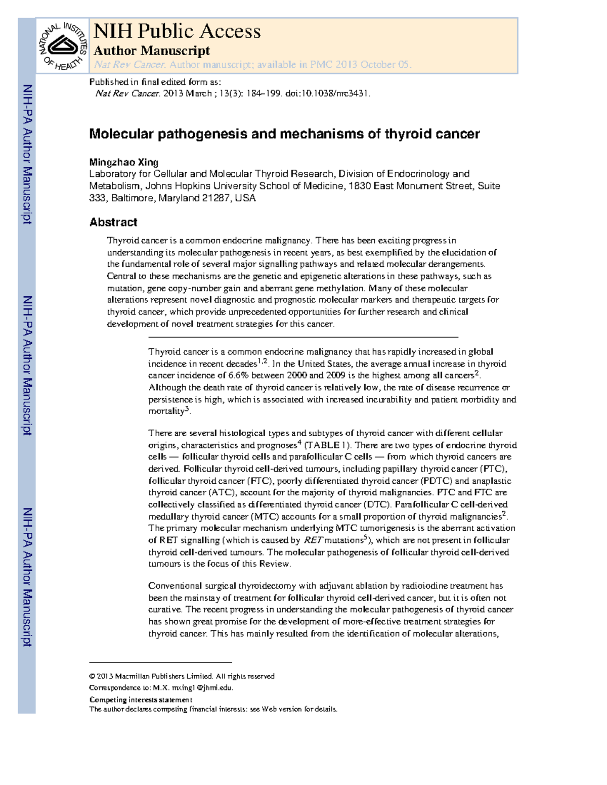 Molecular Pathogenesis and Signaling Pathways in Thyroid Cancer ...