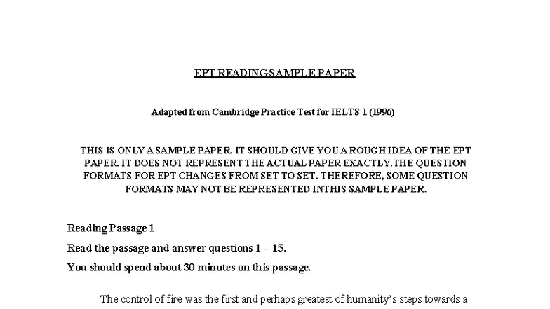 EPT Reading Practice Paper - Sample Questions and Answers - Studocu