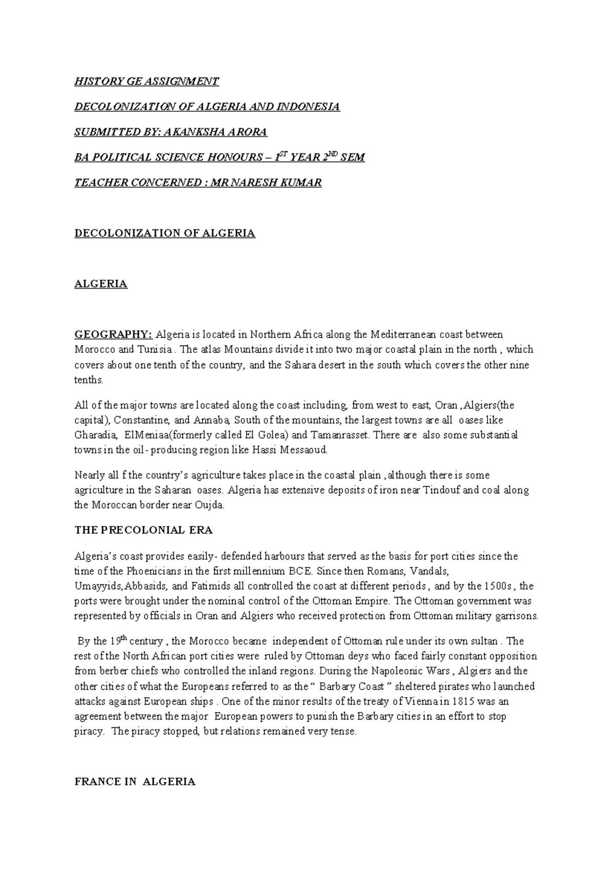 Decolonisation Case Study: Algeria & Indonesia (BA PS GE Assignment ...