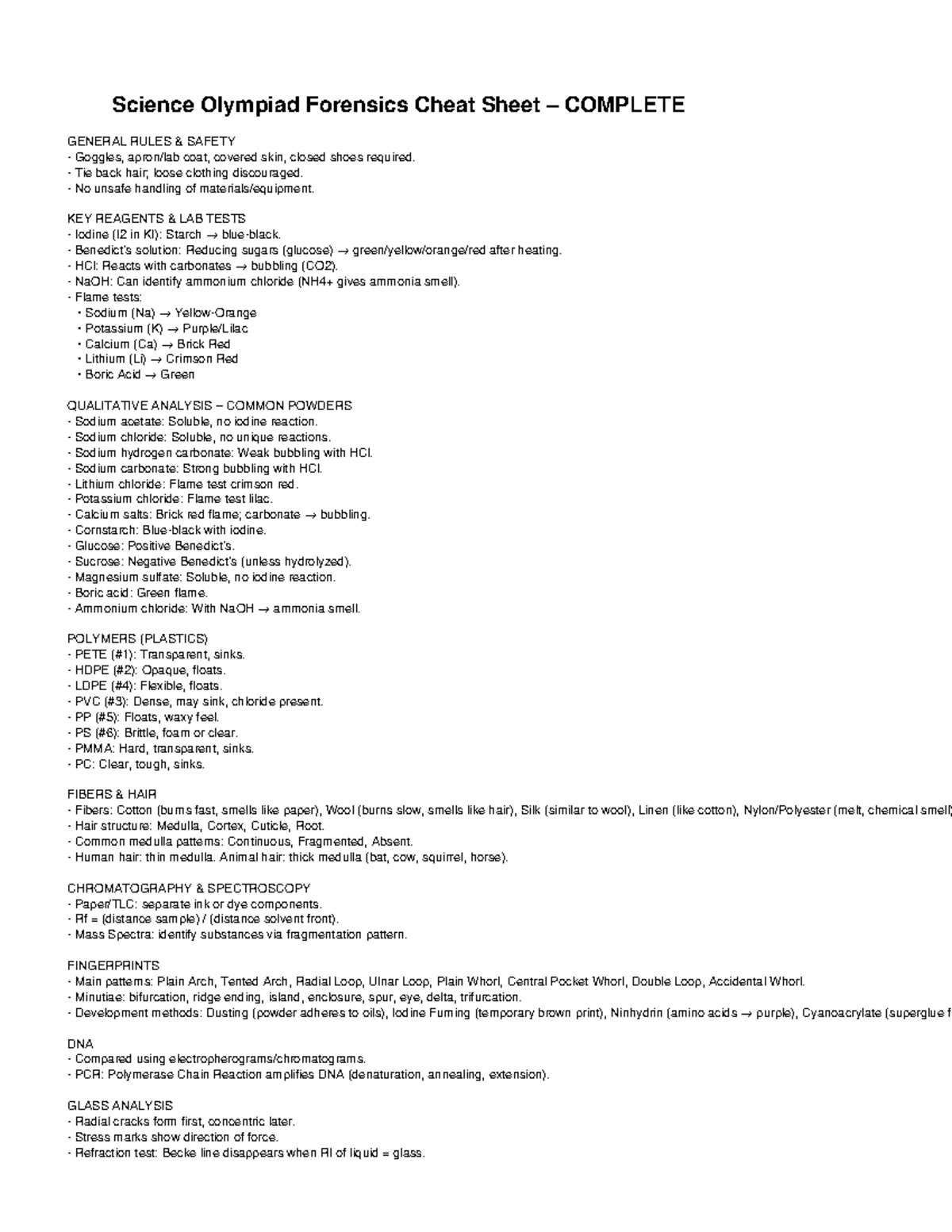 Forensics Cheat Sheet: General Rules & Key Tests (SCI 101) - Studocu