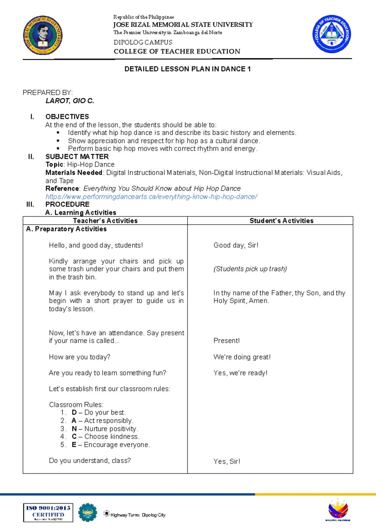 Detailed Lesson Plan in Dance 1 (DANCE 101) - Hip Hop Focus - Studocu