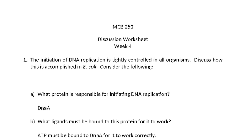 MCB 250 Discussion Worksheet: DNA Replication in E. coli and Eukaryotes ...