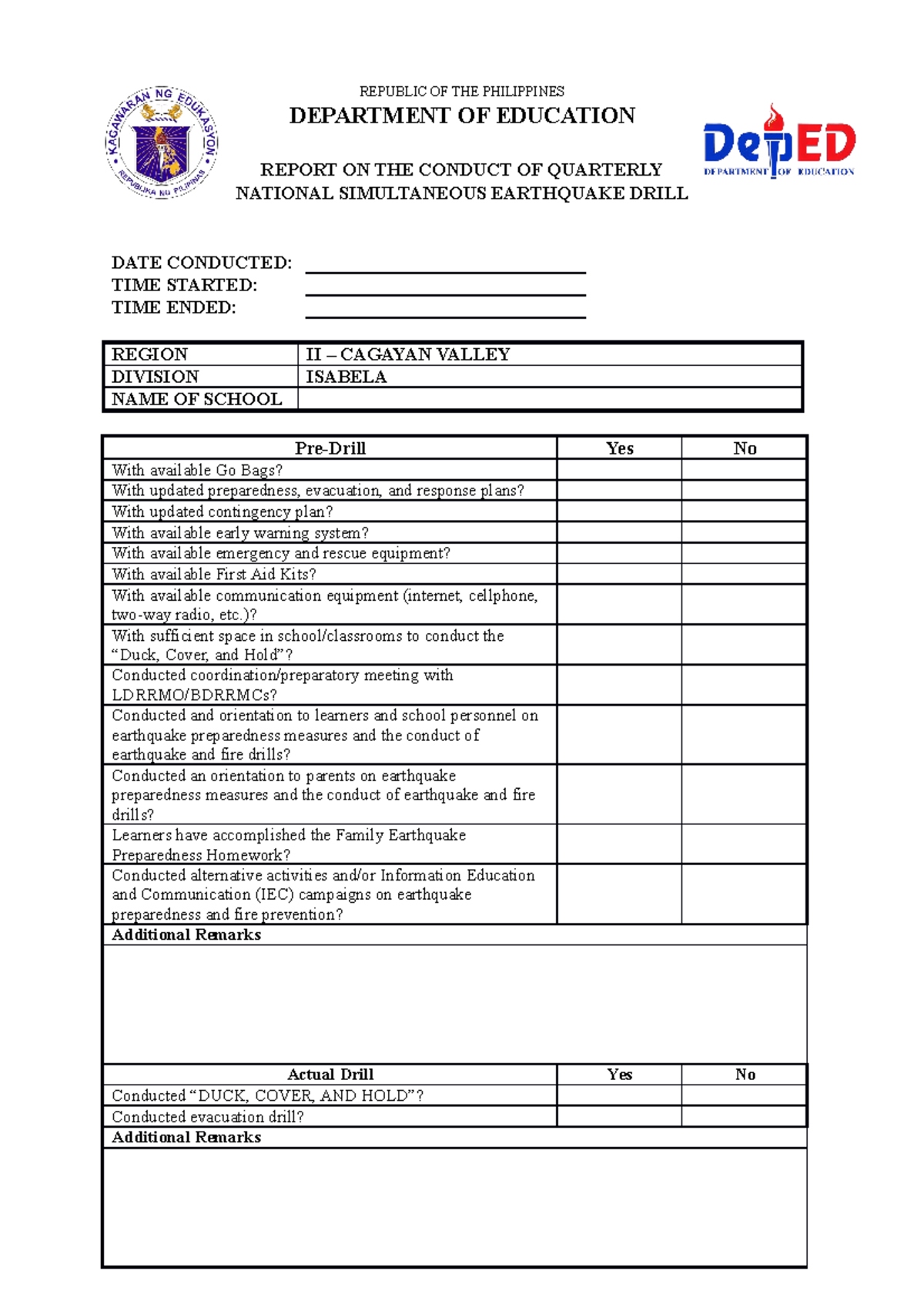 Quarterly National Simultaneous Earthquake Drill Report - Q1 NSED - Studocu