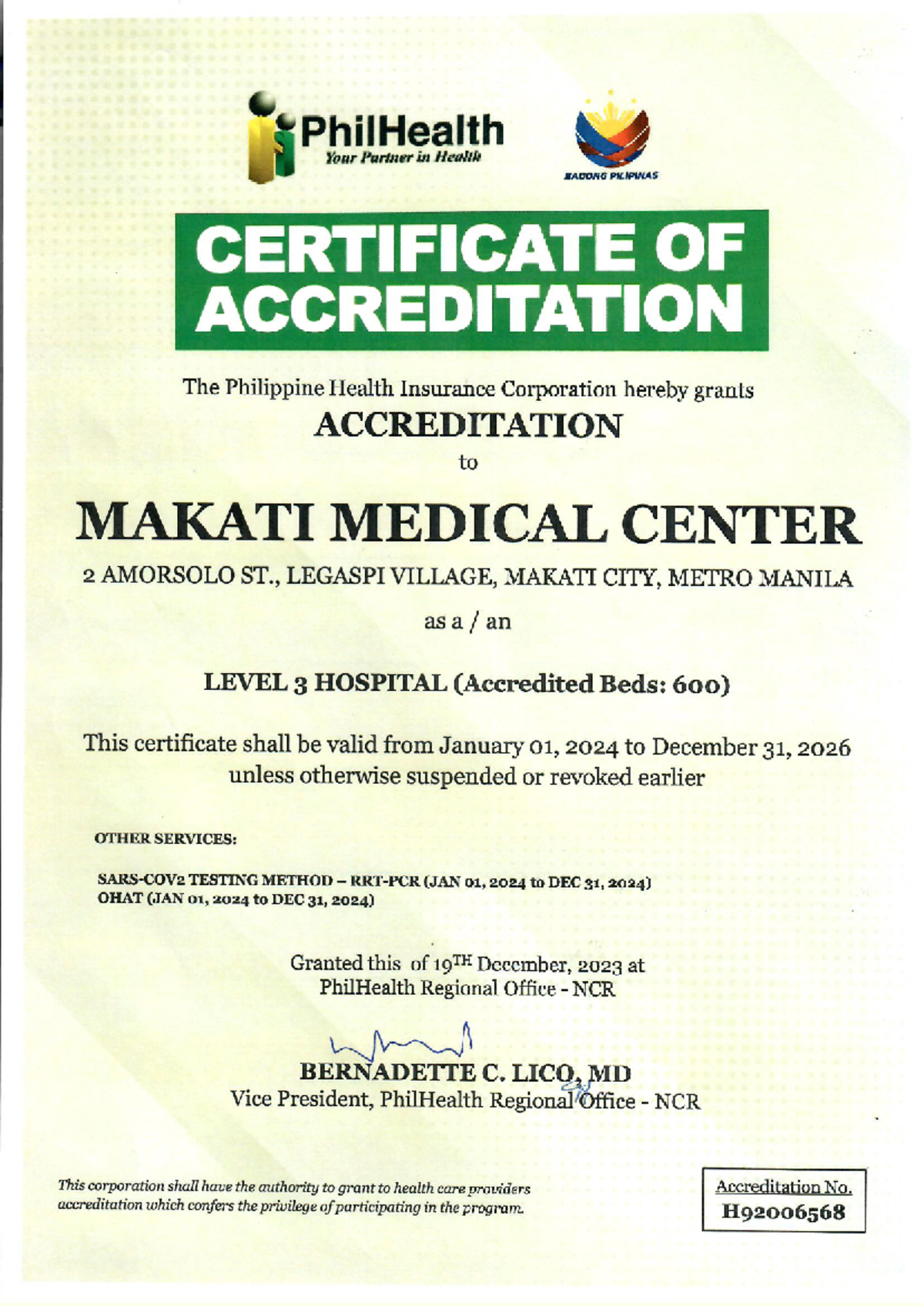 PhilHealth Accreditation Certificate for Makati Medical Center (2024 ...