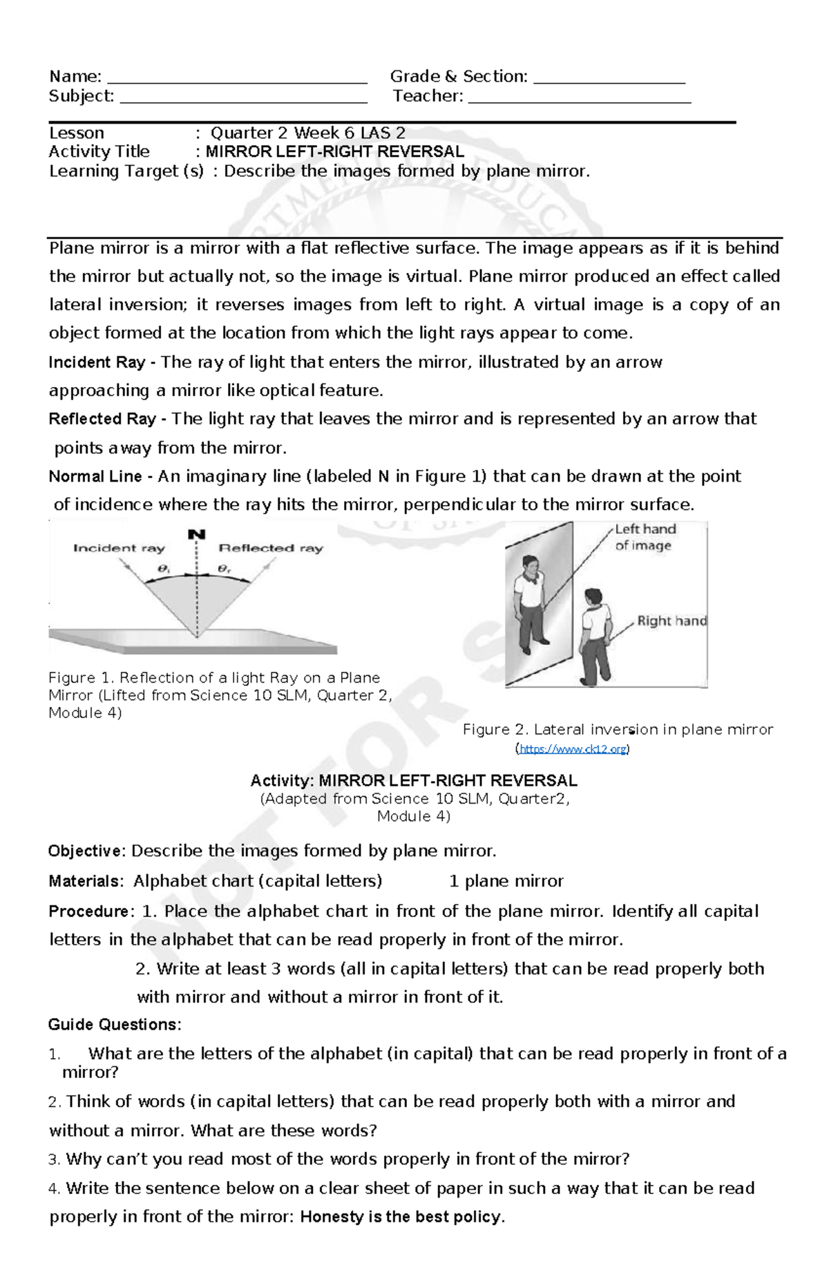 LAS- Science-10 - Describe the images formed by plane mirror. - Name ...