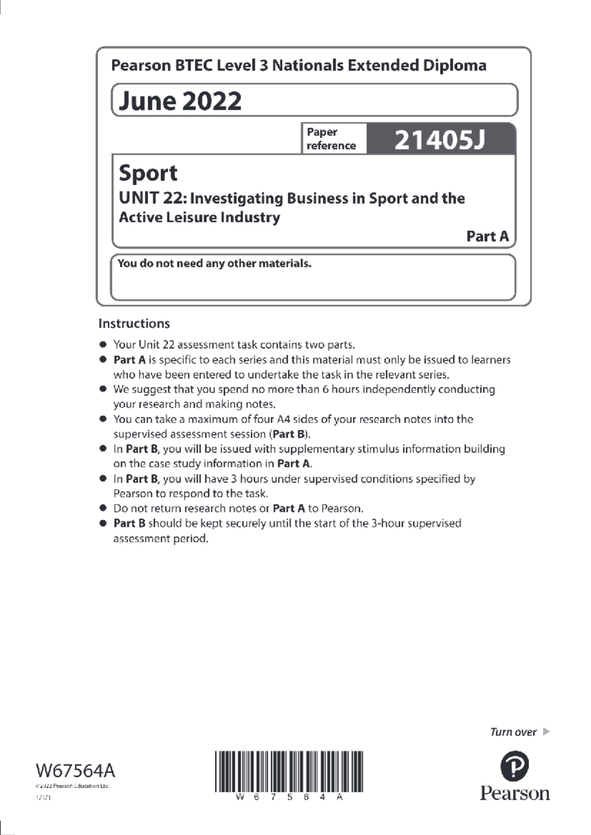 BTEC Level 3 Nationals Sport Unit 22: Business in Sport Exam Paper ...
