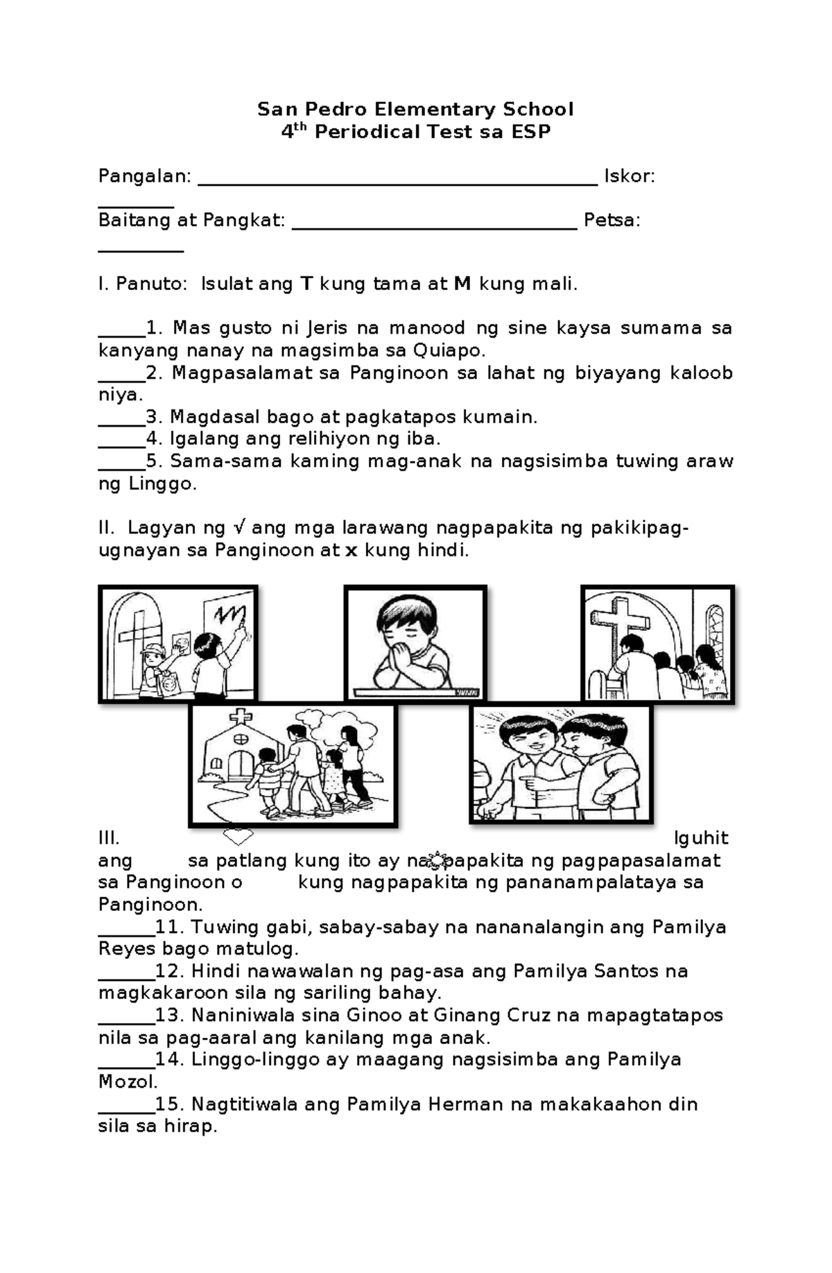 PT ESP-1 Q4: Periodical Test for Grade 1 Learners - Studocu