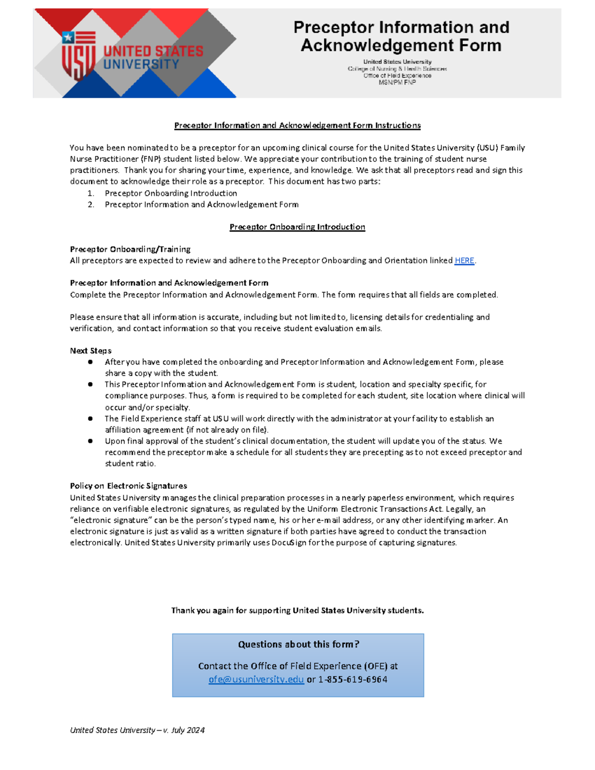 Preceptor Acknowledgement Form Instructions for USU FNP Course - Studocu