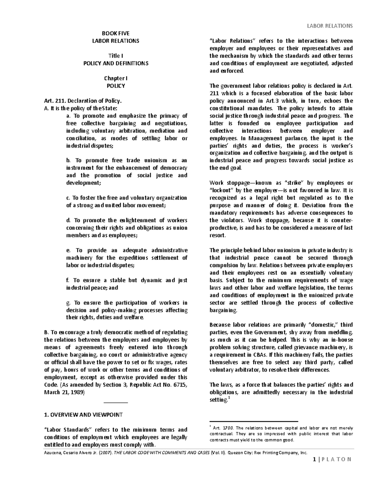 Labor Relations and Practices - Azucena Labor Code Vol II Overview ...