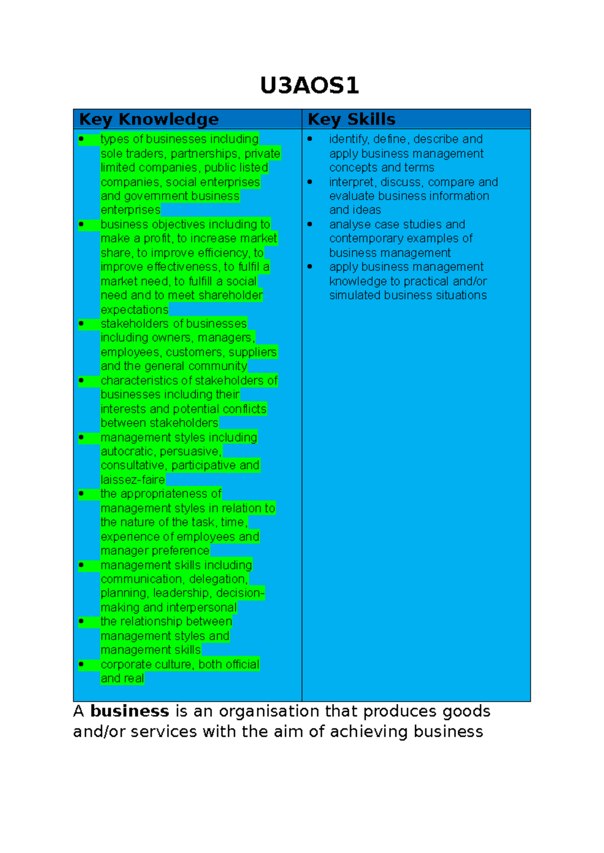 U3AOS1 Business Management Concepts and Stakeholder Analysis Notes ...