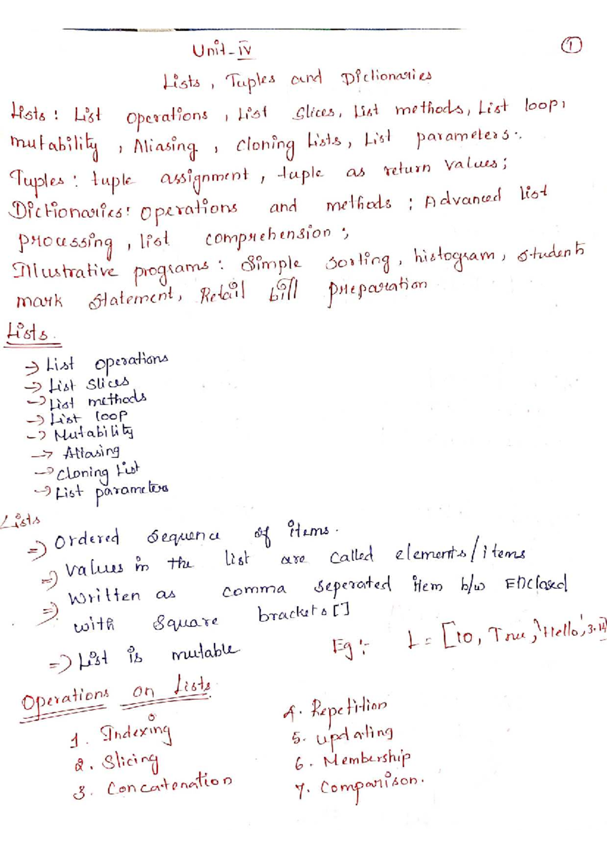 UNIT - 4 - Python Notes: Lists, Tuples, and Dictionaries Overview - Studocu