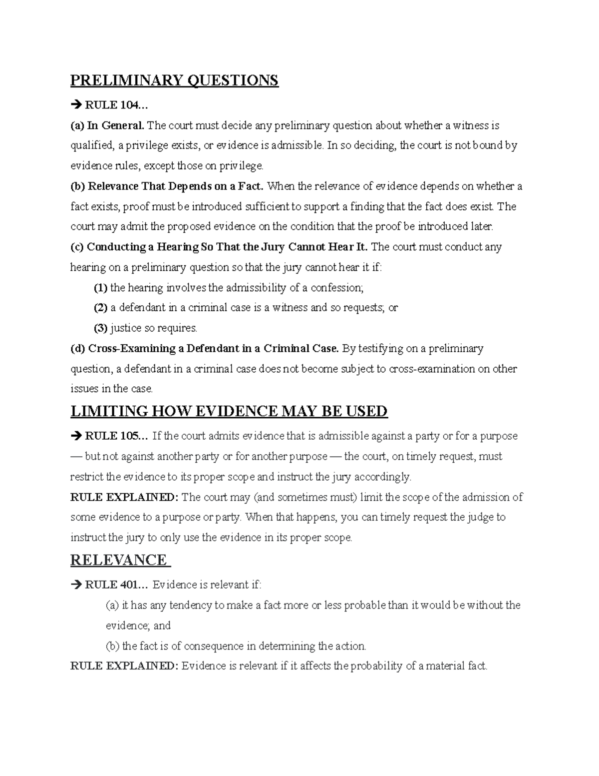 Z. Explanations - Evidence - PRELIMINARY QUESTIONS RULE 104... (a) In ...