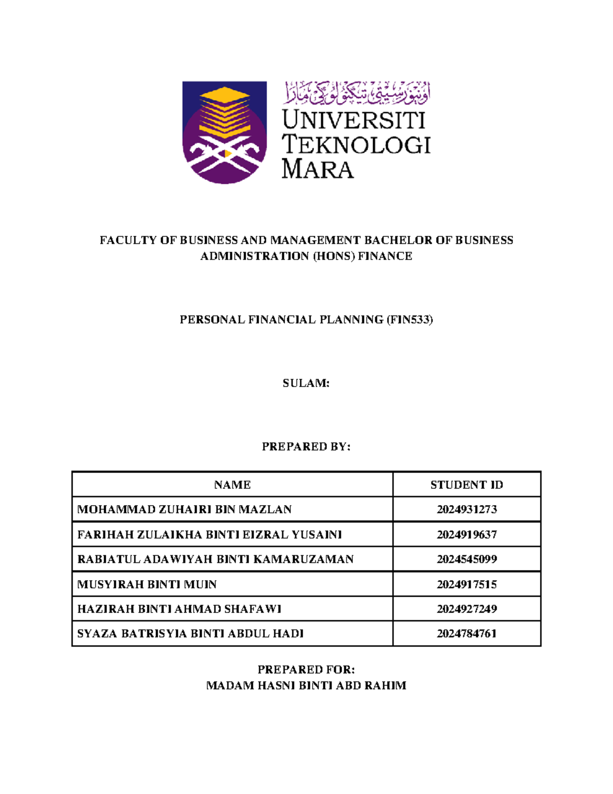 FIN533 Group Assignment Money Management - FACULTY OF BUSINESS AND ...
