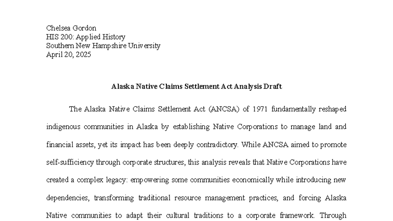ANCSA Analysis: Impacts on Alaska Native Communities - HIS 200 Essay ...