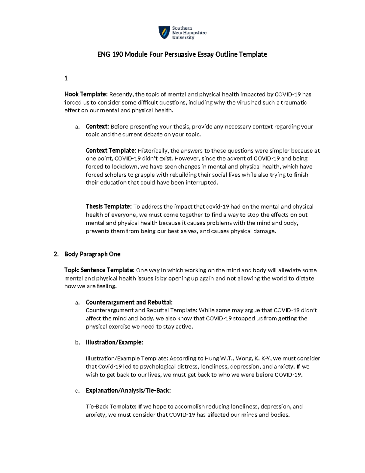 ENG 190 Module Four Persuasive Essay Outline on Mental & Physical ...