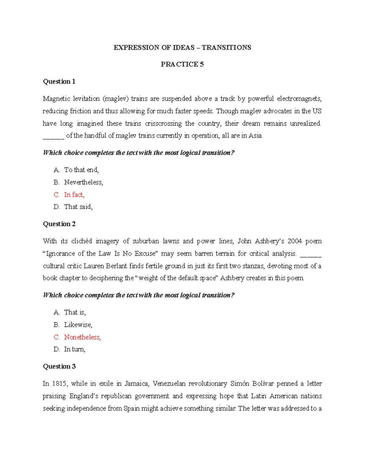 Transition Practice 5 - SAT: Logical Transitions in Text Completion ...