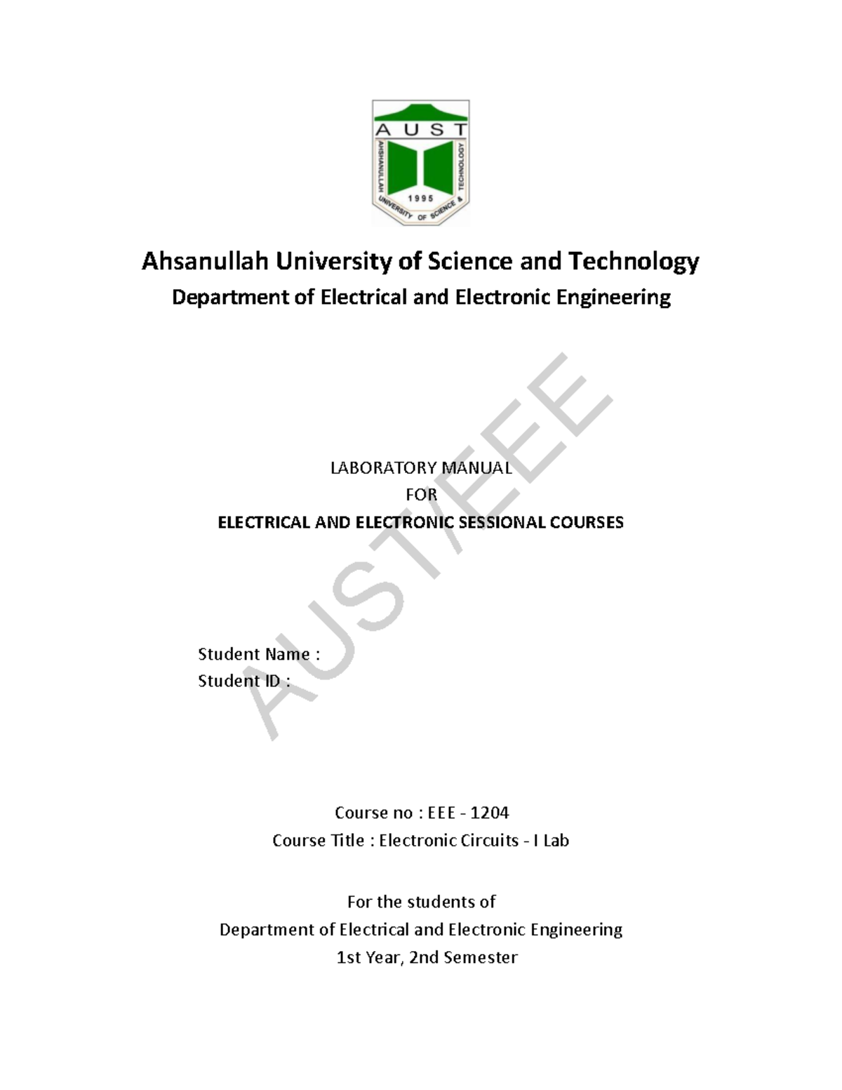 EEE 1204 Electronics I Lab: Laboratory Manual and Procedures - Studocu