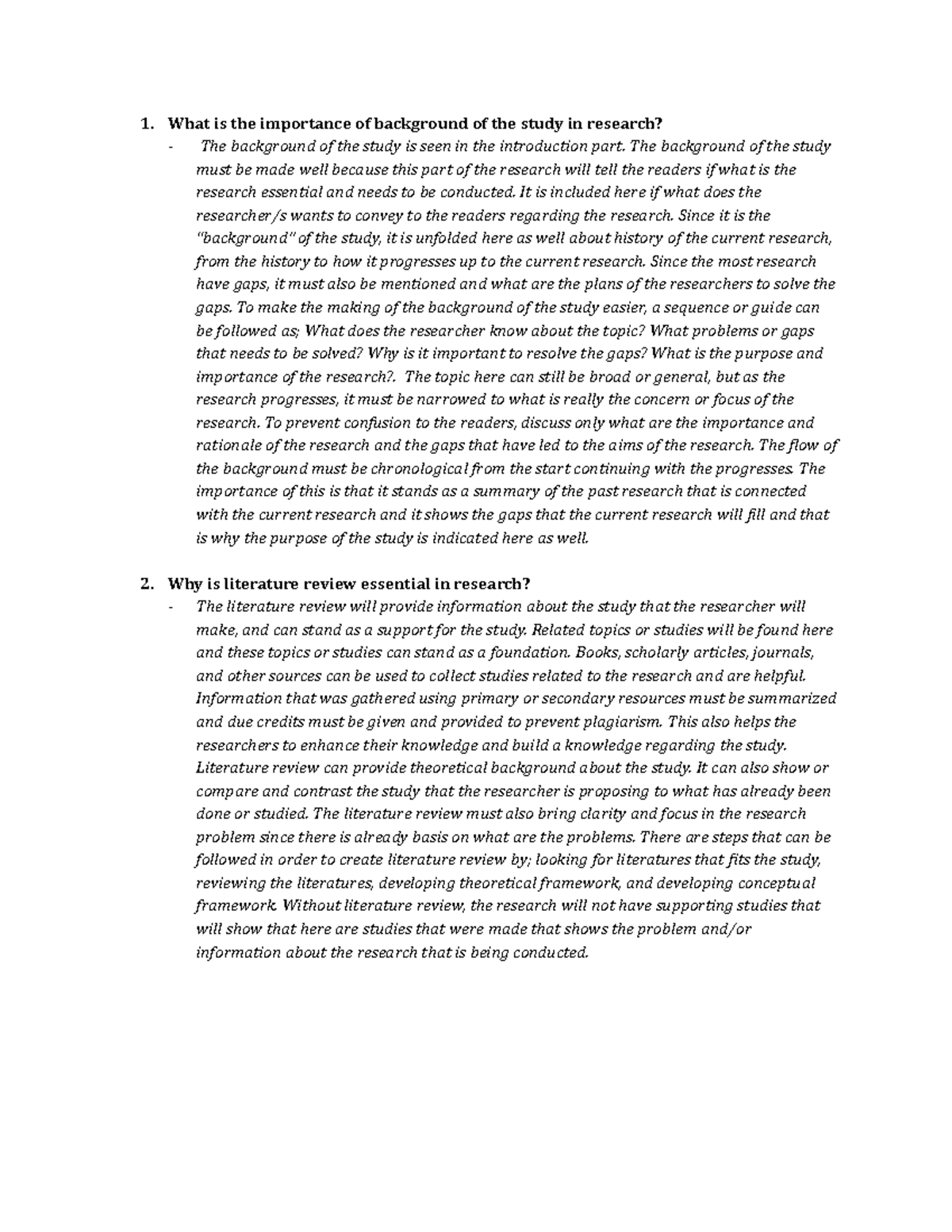Quiz - Importance of Study Background and Literature Review - Studocu