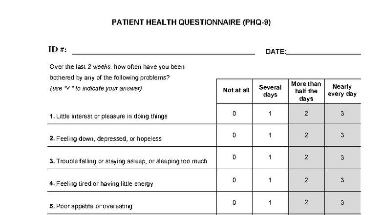 PHQ-9 Patient Health Questionnaire + Scoring Blank Form - Studocu