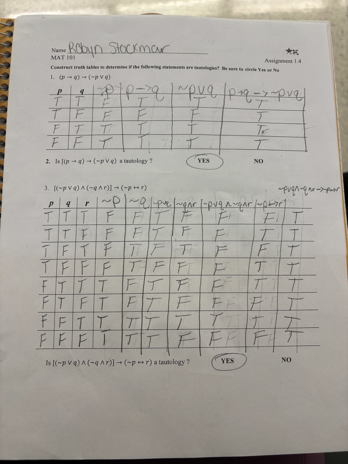 MAT 101 Assignment 1.4: Truth Tables and Tautologies Analysis - Studocu
