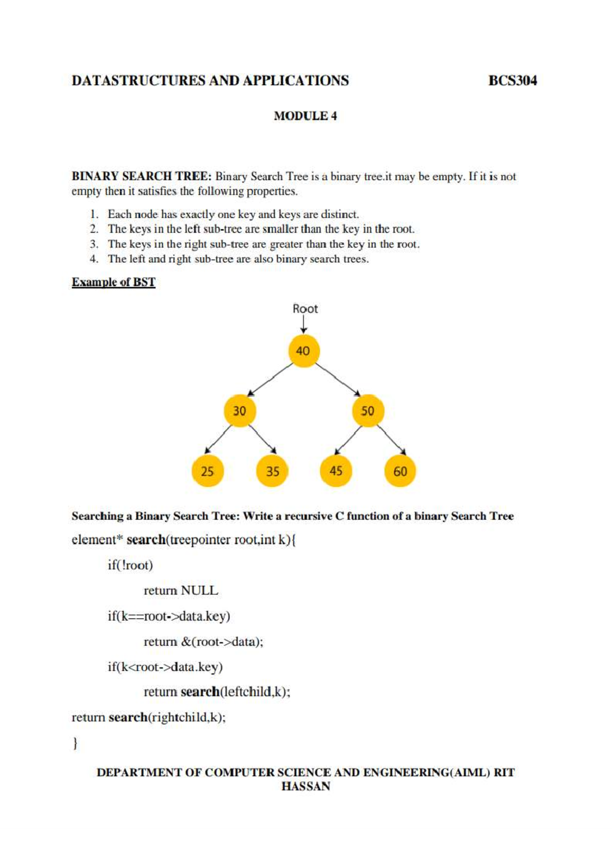 DATASTRUCTURES AND APPLICATIONS BCS304 MODULE 4 BINARY SEARCH TREE & GRAPHS - Studocu