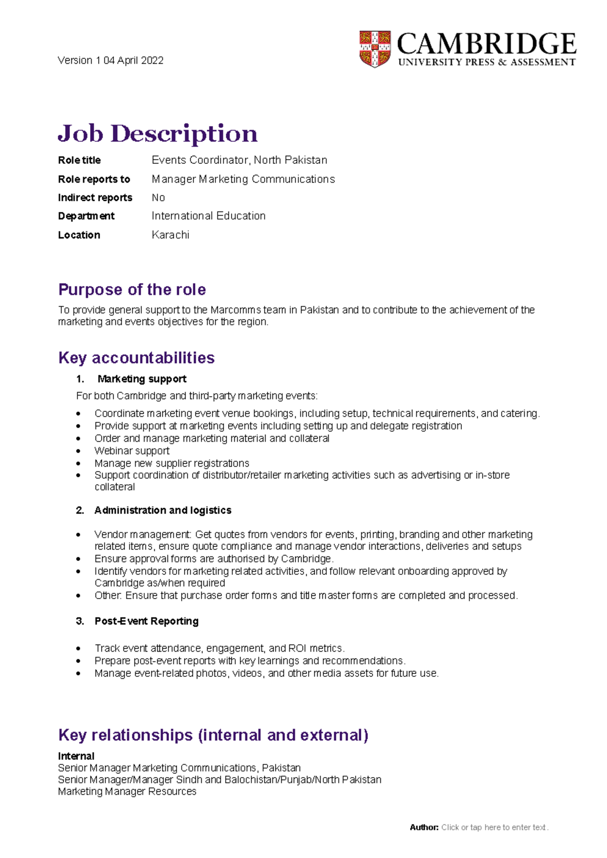 Events Coordinator JD - North Pakistan (04 April 2022) - Studocu