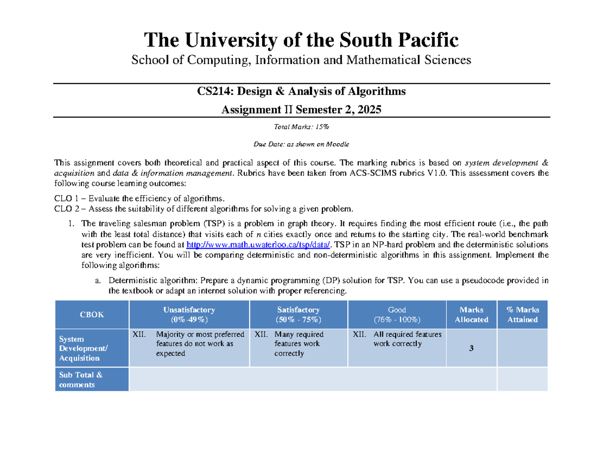 CS214: Assignment II - Design Analysis of Algorithms for TSP - Studocu