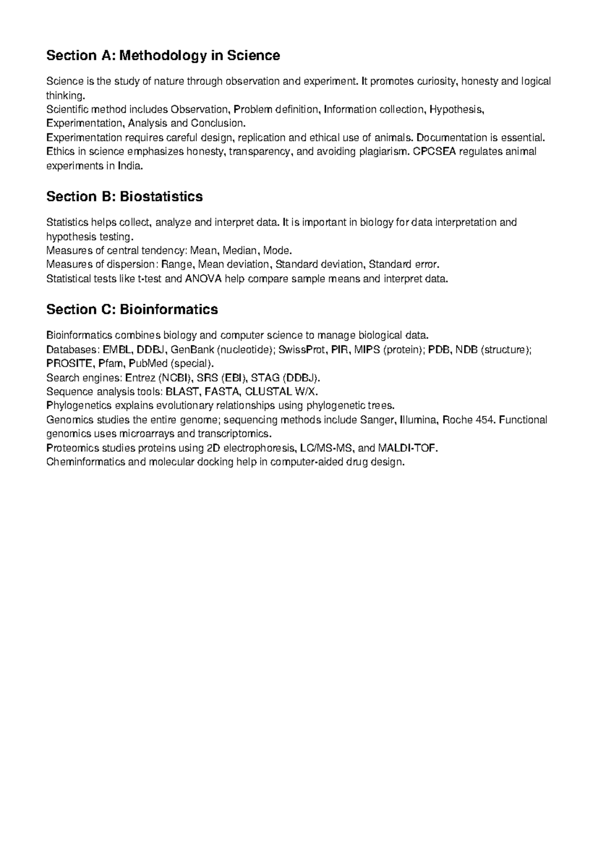 CPCSEA Methodology, Biostatistics & Bioinformatics Notes - Studocu