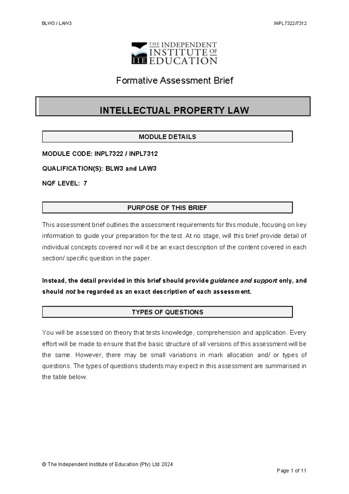 INPL7322 - Formative Assessment Brief: Intellectual Property Law - Studocu
