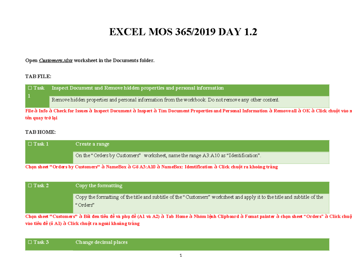 MOS 2016 EXCEL PRACTICE NOTES DAY 1 (MOS 365/2019) - Studocu