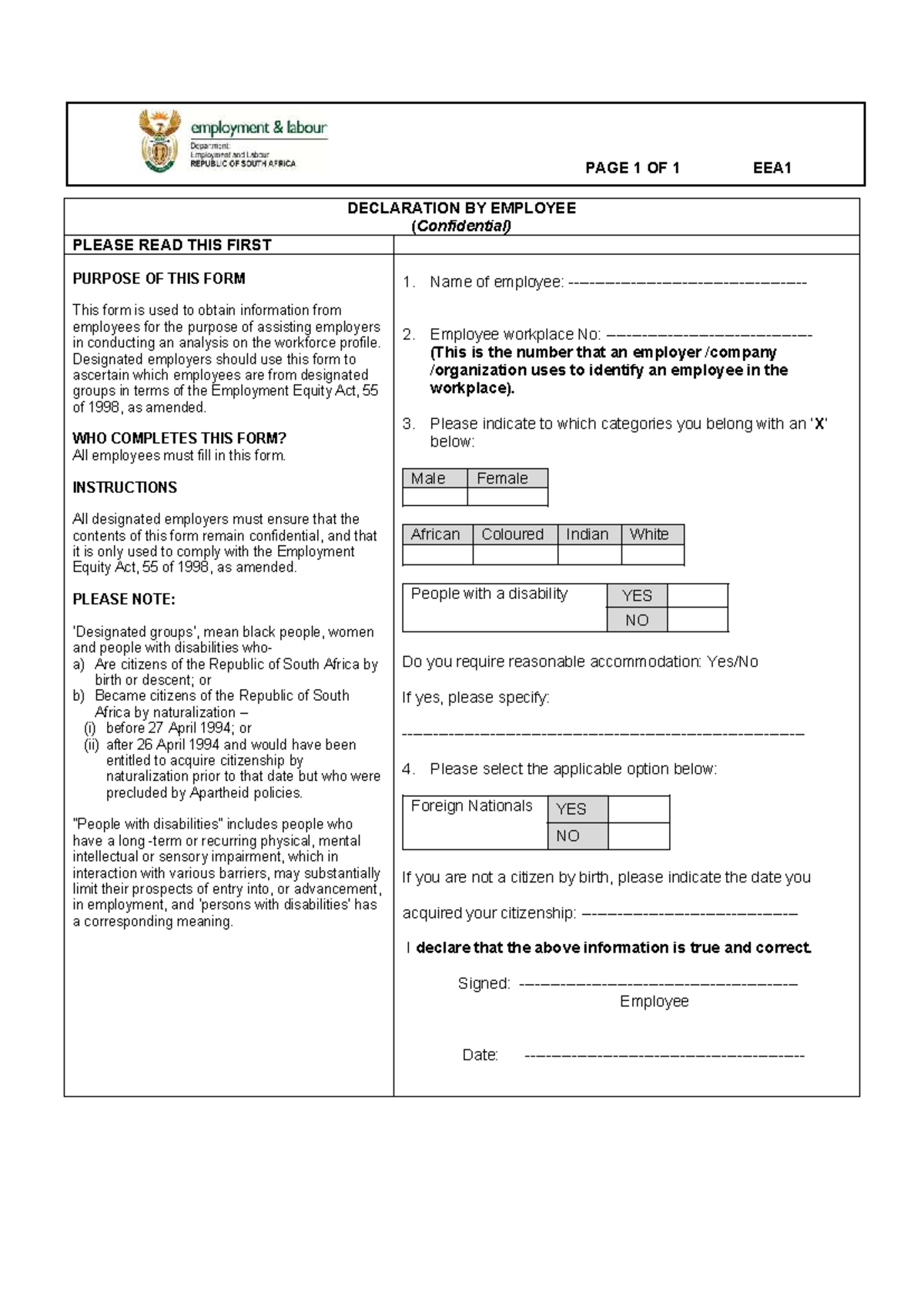 EEA1 Declaration Form - Employee Confidentiality Compliance - Studocu