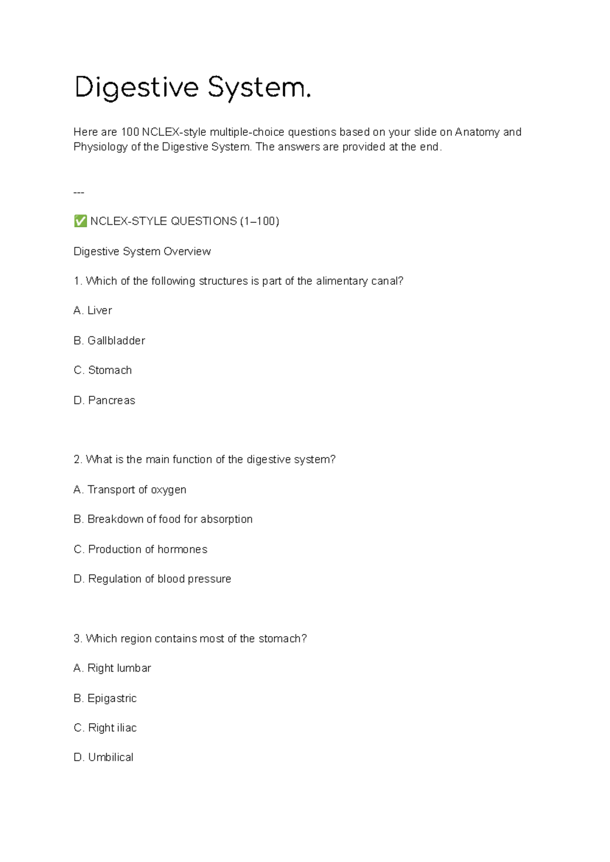 Digestive System - 100 Q&A on Anatomy & Physiology - Studocu