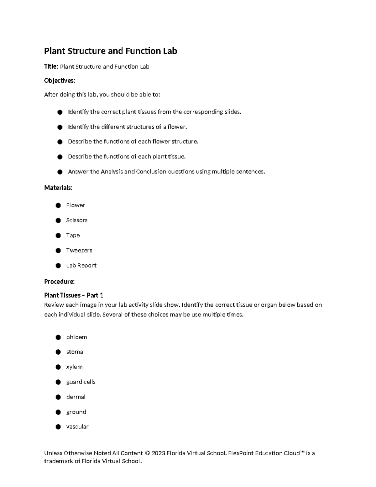 Plant Structure and Function Lab Report for Virtual Plants (VPL 101 ...